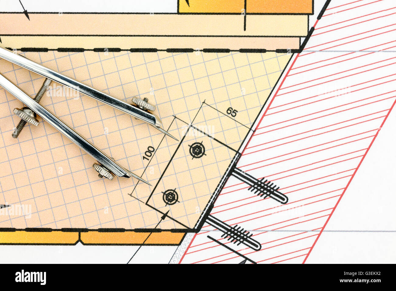 industrial drawing detail with drawing compass top view Stock Photo - Alamy