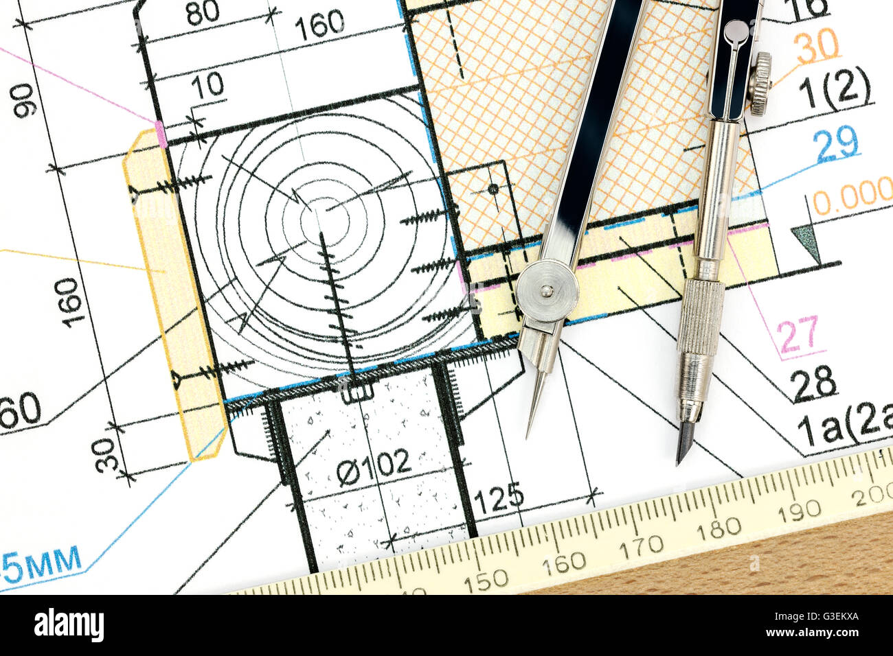 architectural or technical project detail with drawing compass Stock ...
