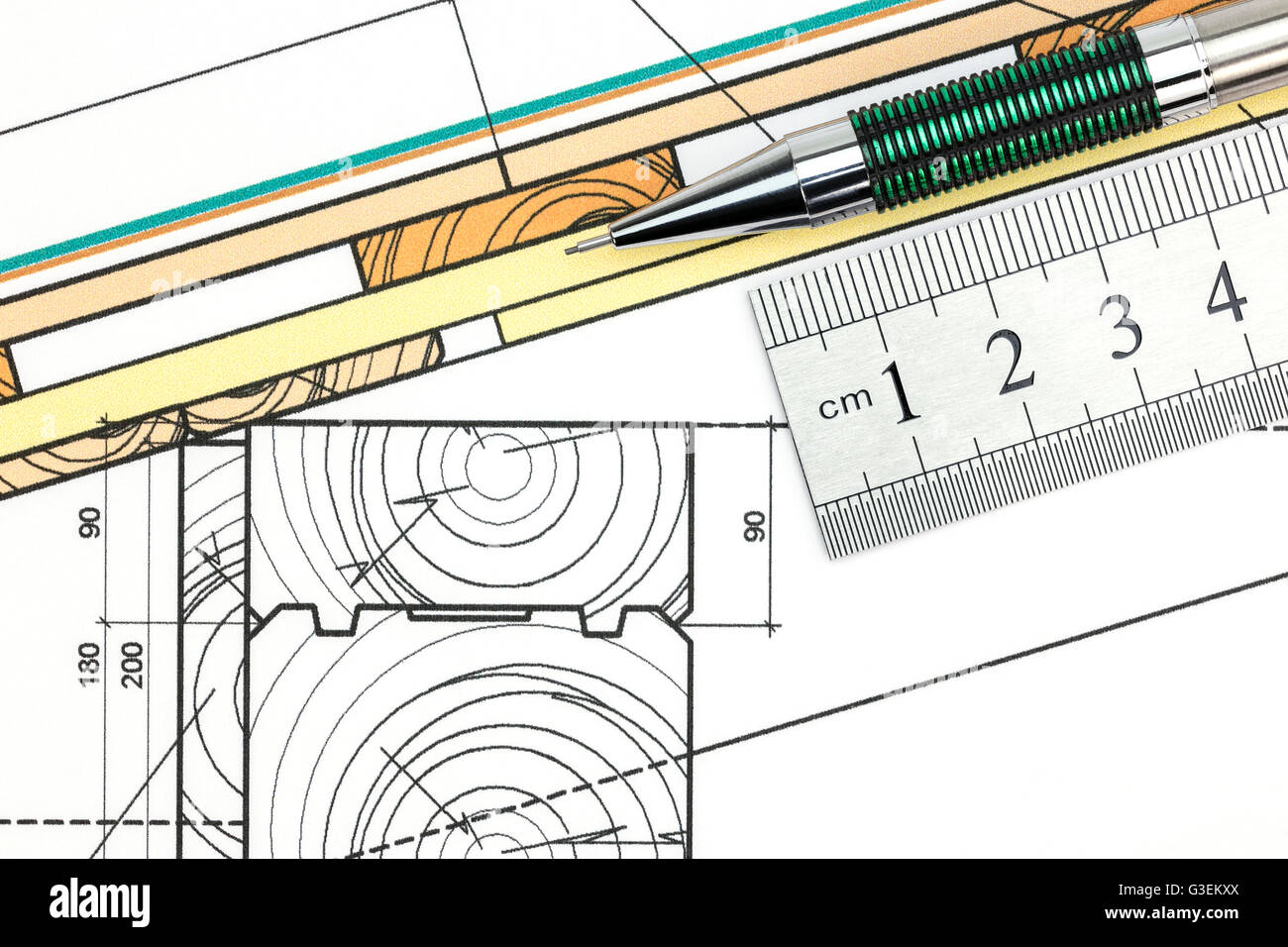 pencil, ruler and part of architectural drawing closeup Stock Photo - Alamy