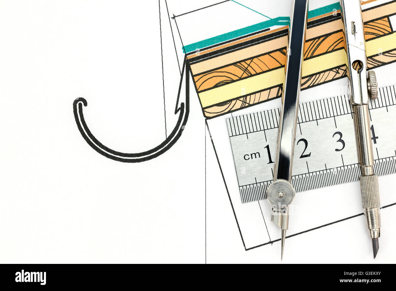 technical project drawing with drawing compass and metal ruler Stock ...