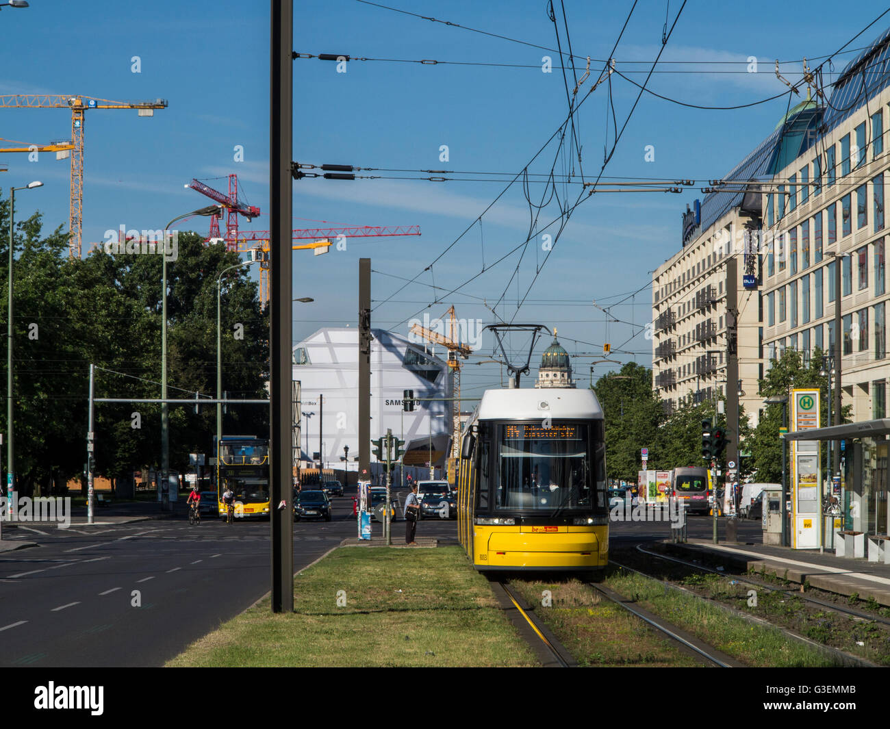 BVG berlin yellow tram travelling though alexanderplatz Berlin Germany ...