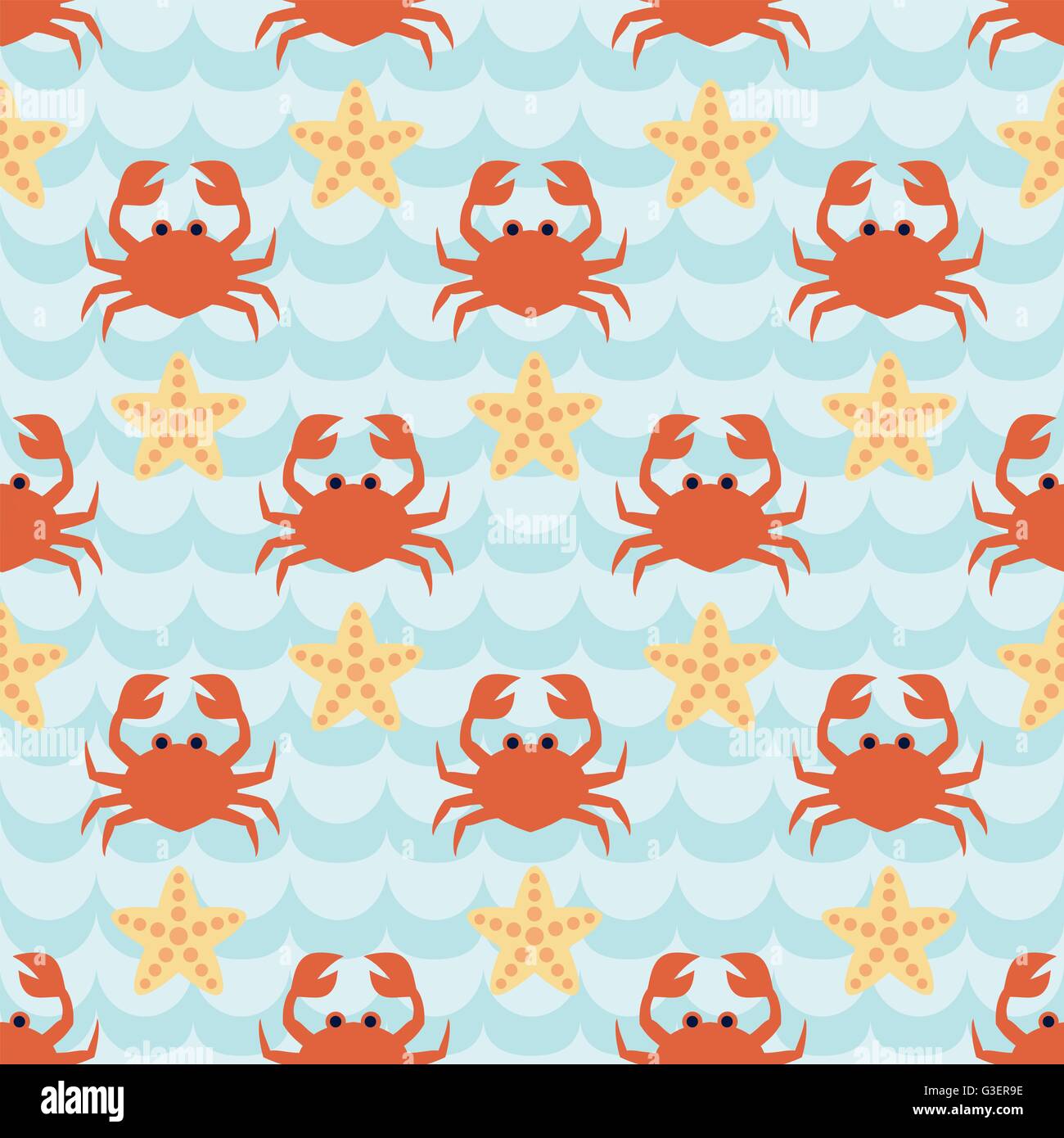 Seamless pattern with flock of cute cartoon crabs and starfishes Stock ...