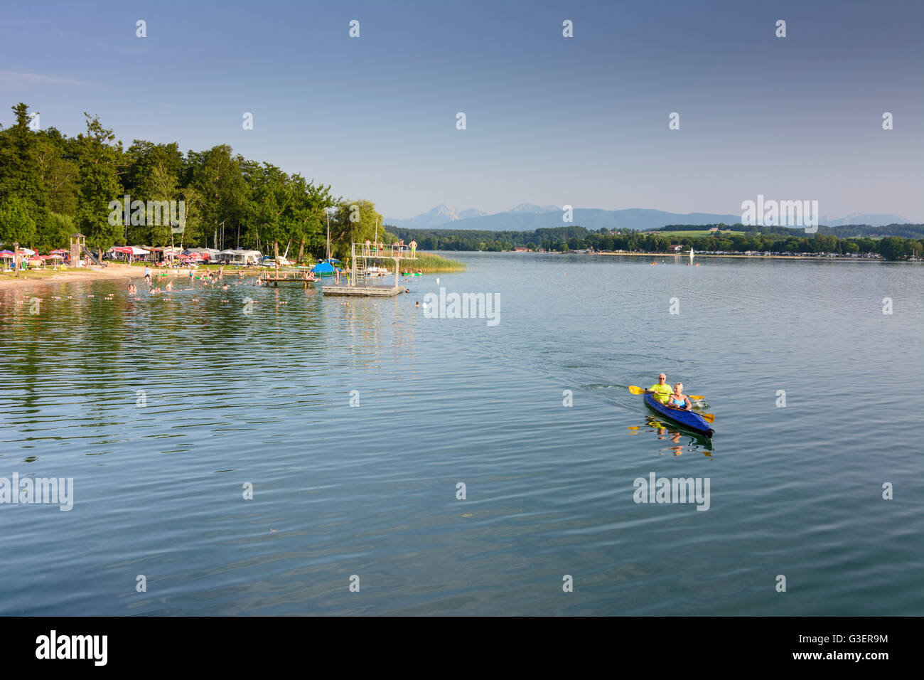 lake Waginger See and views to the Alps on beach Tettenhausen, Germany ...