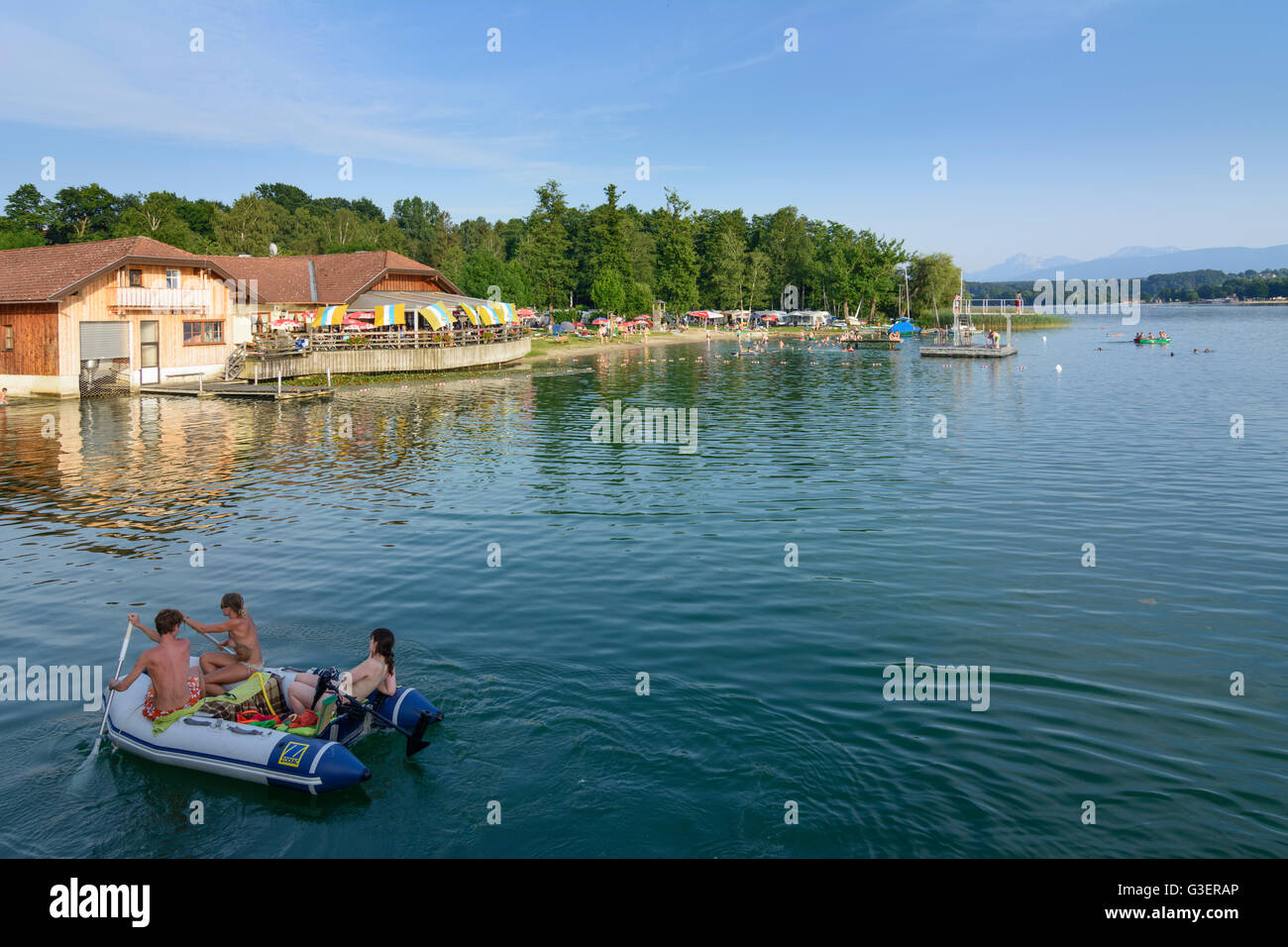 lake Waginger See and views to the Alps on beach Tettenhausen, Germany ...