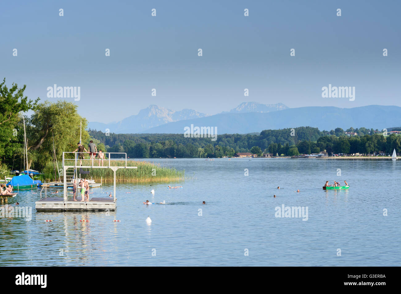 lake Waginger See and views to the Alps on beach Tettenhausen, Germany ...