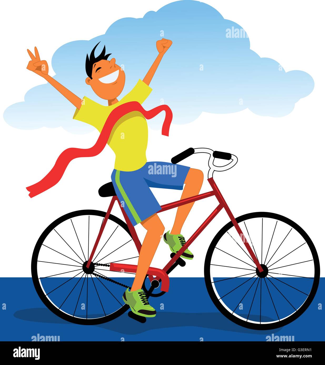 Winner on a bicycle finishing race with a red ribbon across his chest ...