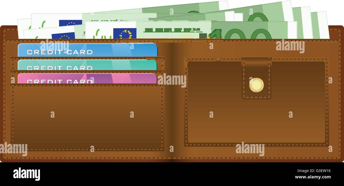 Open wallet with euro banknotes and credit cards. Vector illustration ...