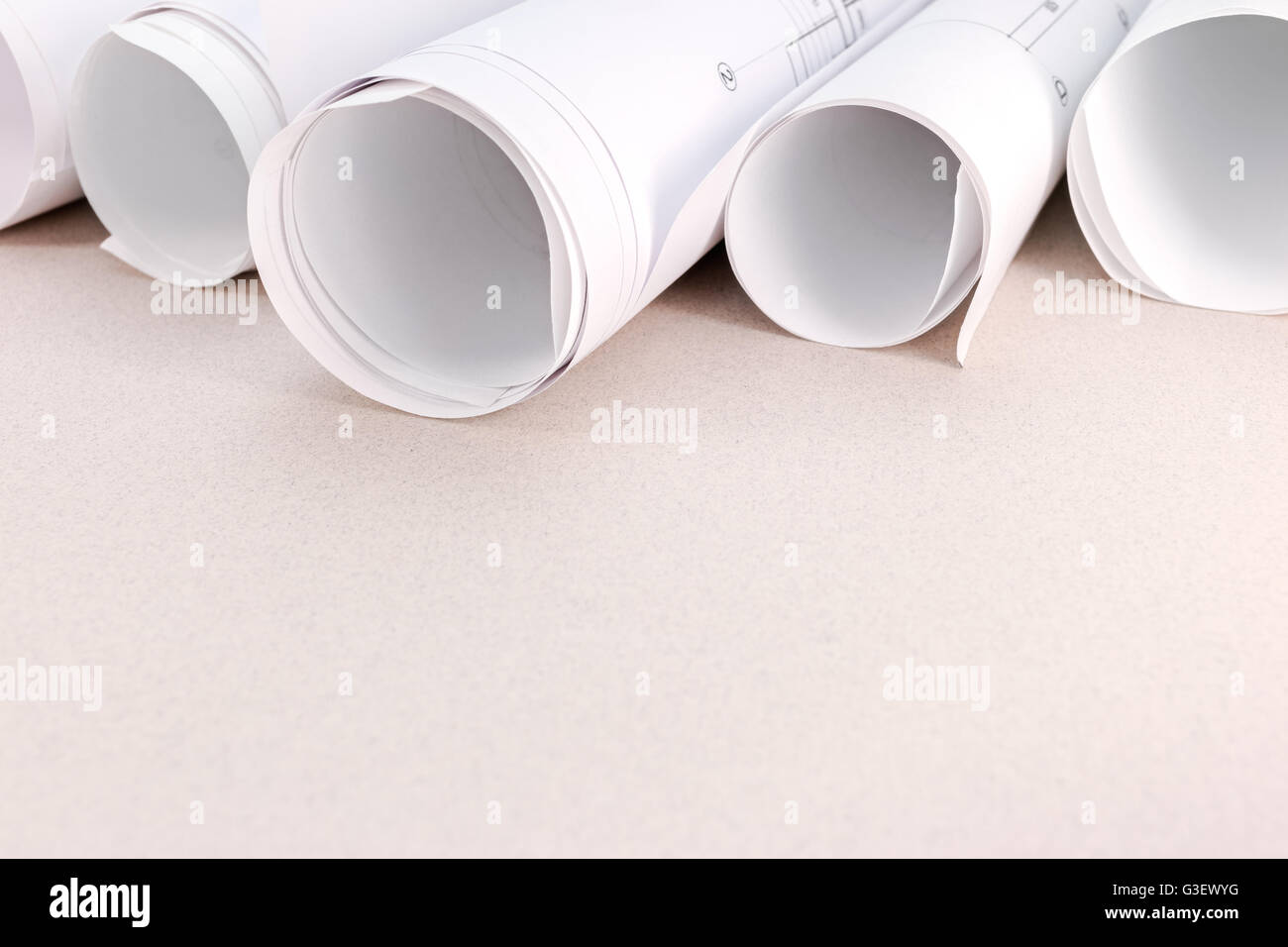 workspace with rolls of blueprints and architectural drawings Stock ...