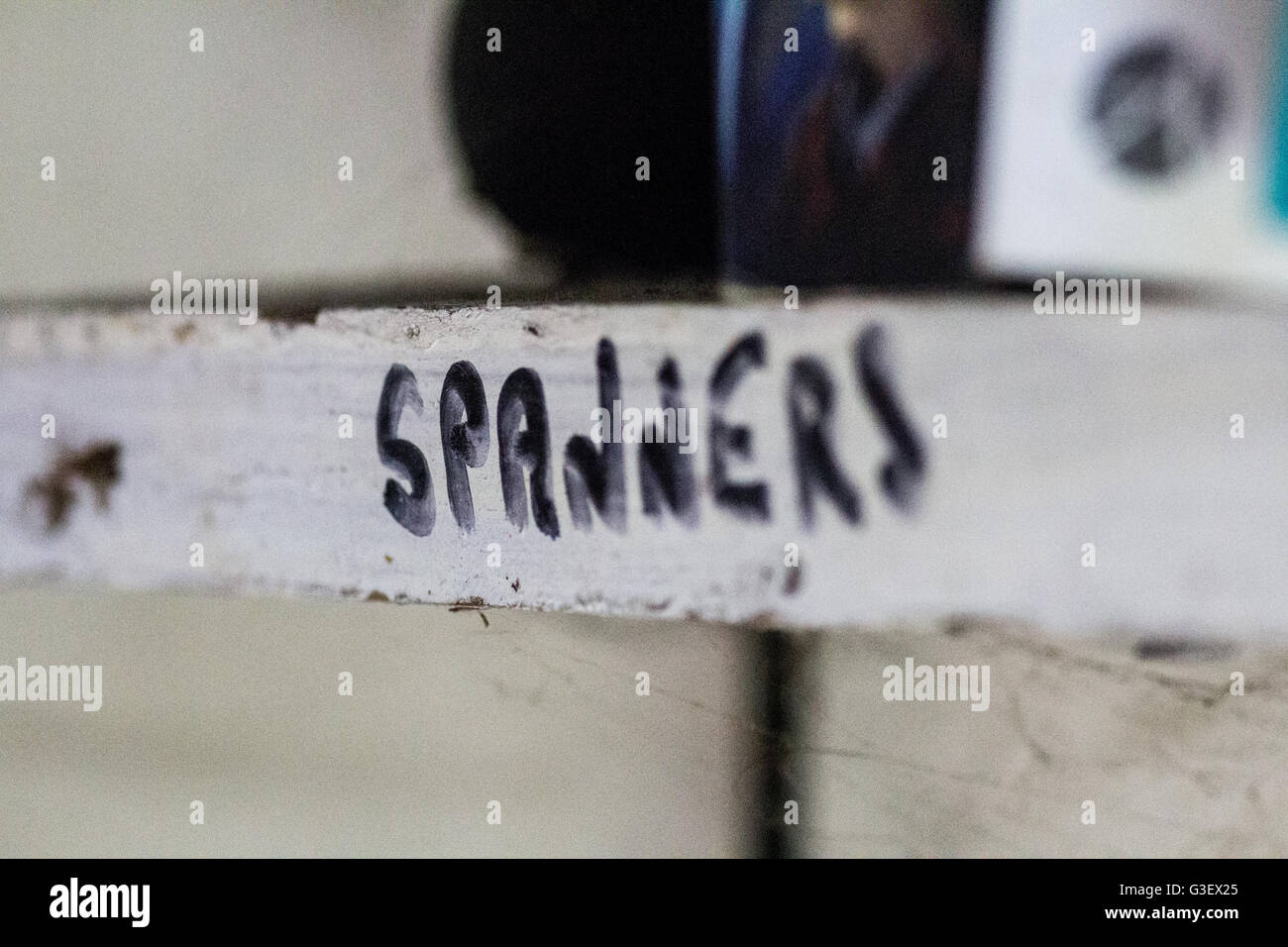 Handwritten Spanner Sign on Shelf Edge Stock Photo - Alamy