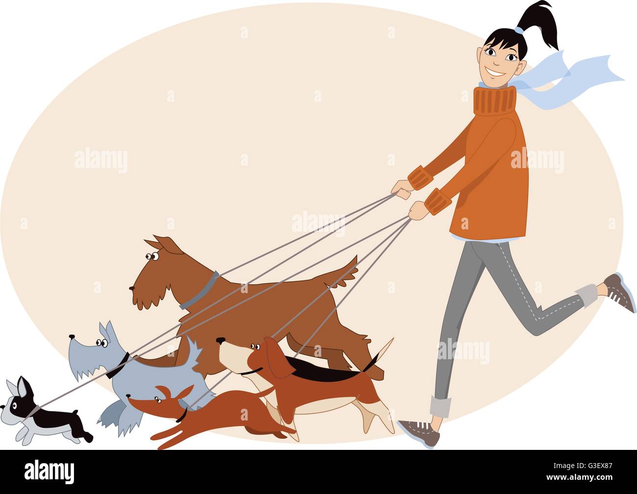 Dog walker. Young woman running with a group of dogs of different ...