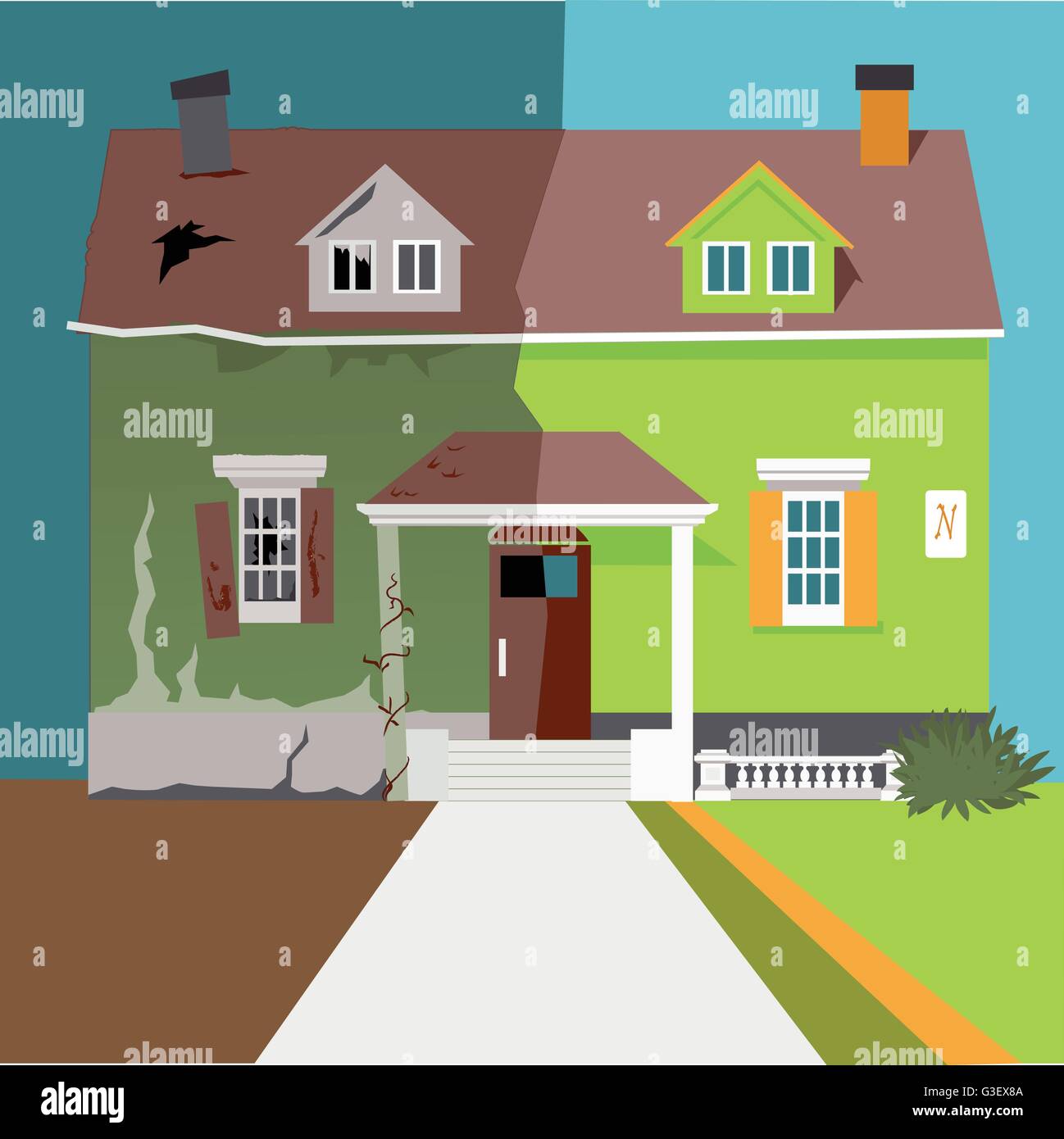 A house divided into before and after renovation parts Stock Vector ...