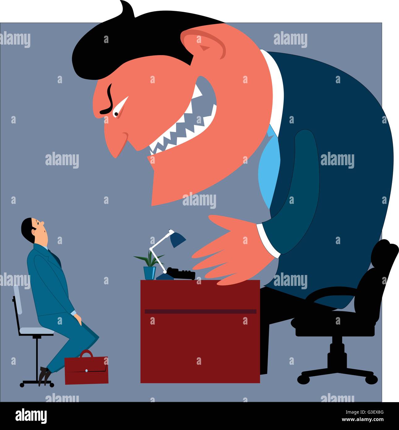 Job interview. Intimidated candidate talking mo a monster boss, vector ...