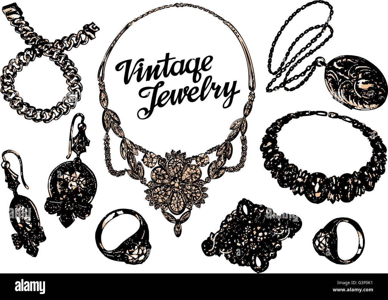 Hand-drawn jewelry set. Gold and gems. Sketch vector illustration Stock ...