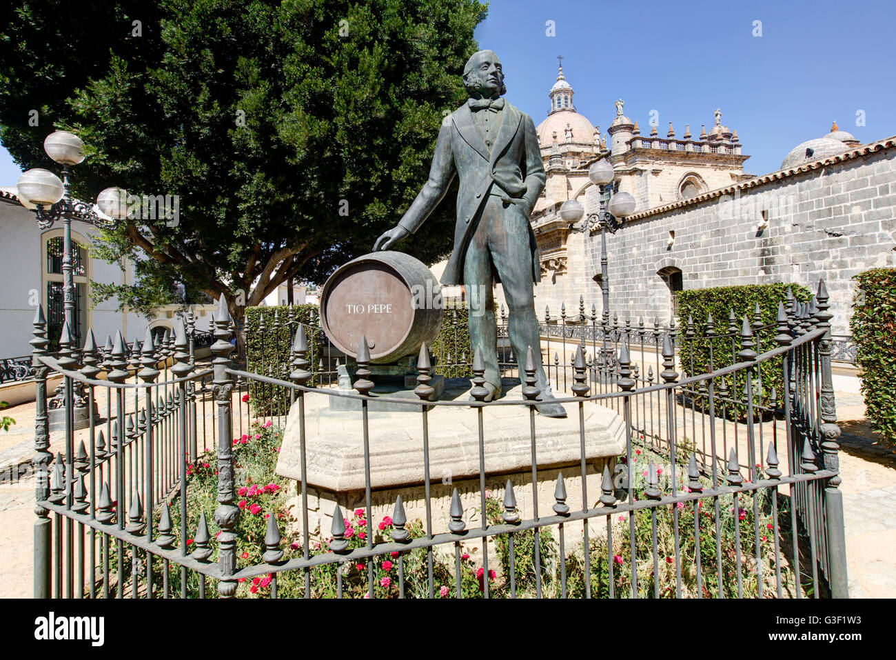 Statue of Tio Pepe with cathedral in the background, Jerez de la ...