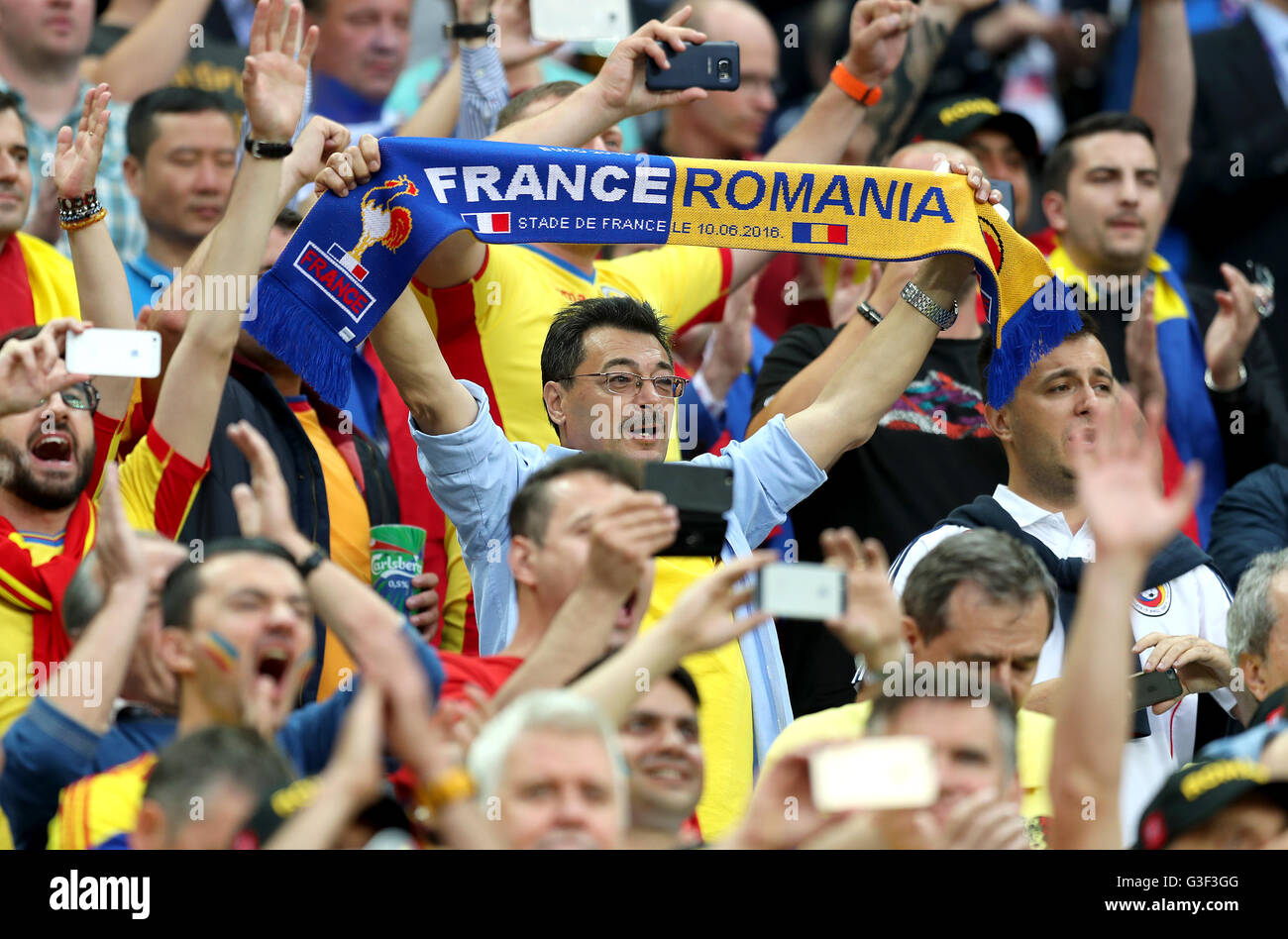 Romania fans show their support in the stands before the UEFA Euro 2016 ...