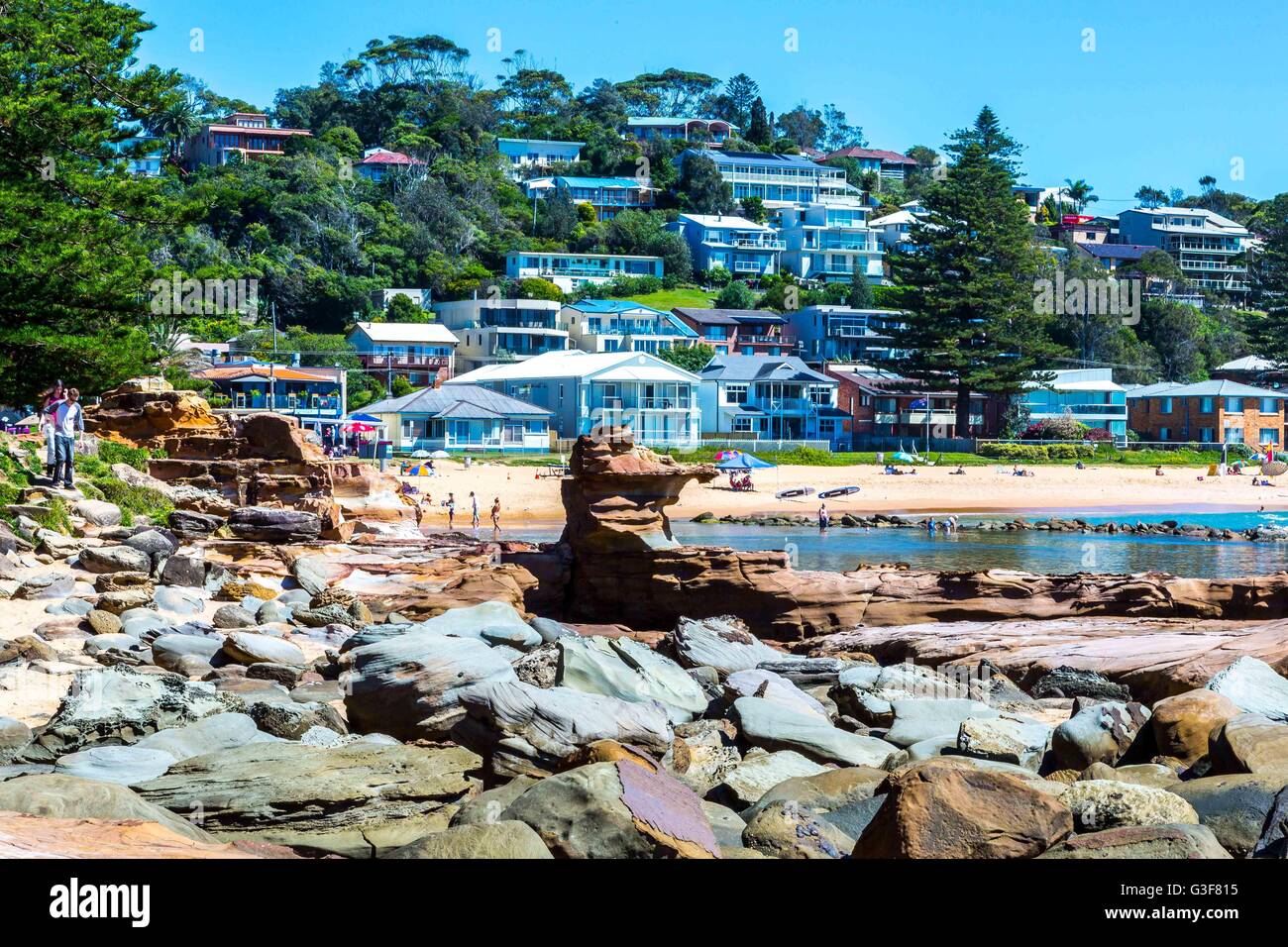 Rock formations at Avoca Beach, NSW Australia, with blue skies Stock ...