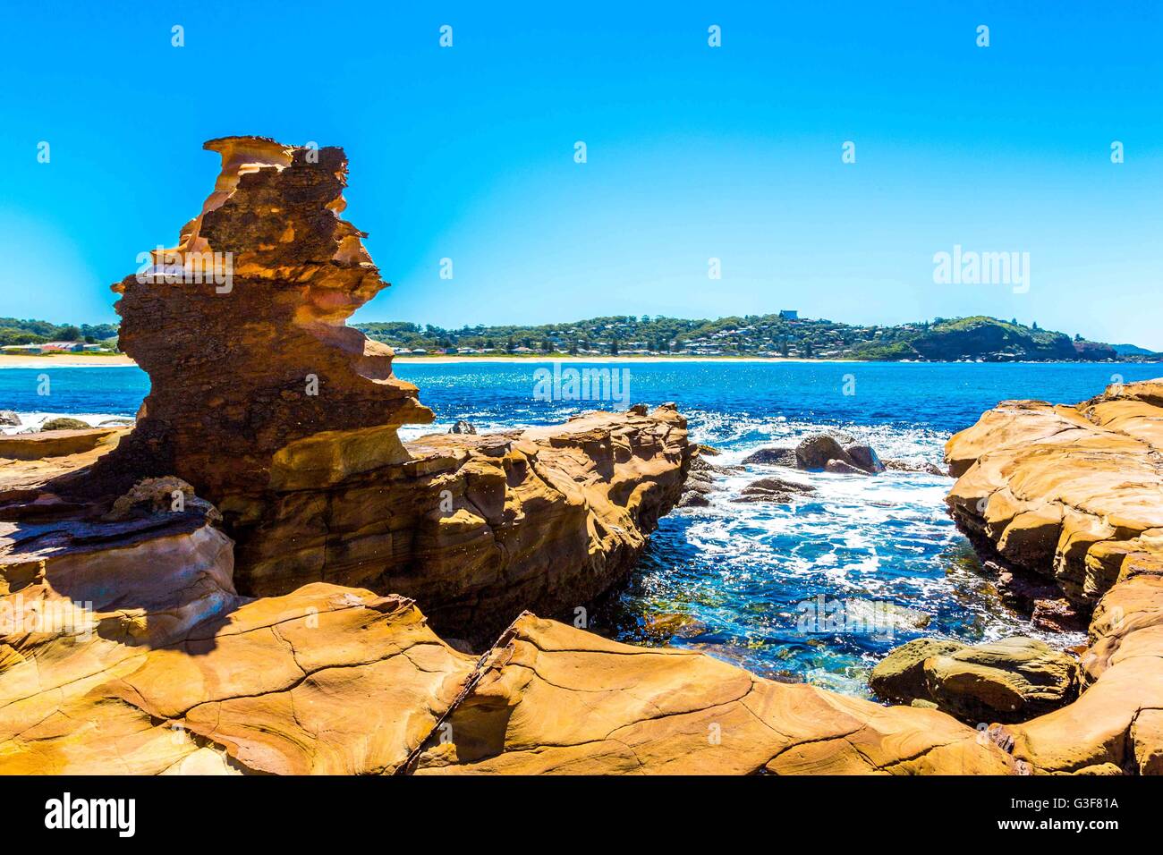 Rock formations at Avoca Beach, NSW Australia, with blue skies Stock ...