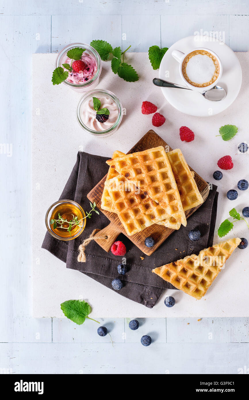 Breakfast with belgian waffles Stock Photo - Alamy