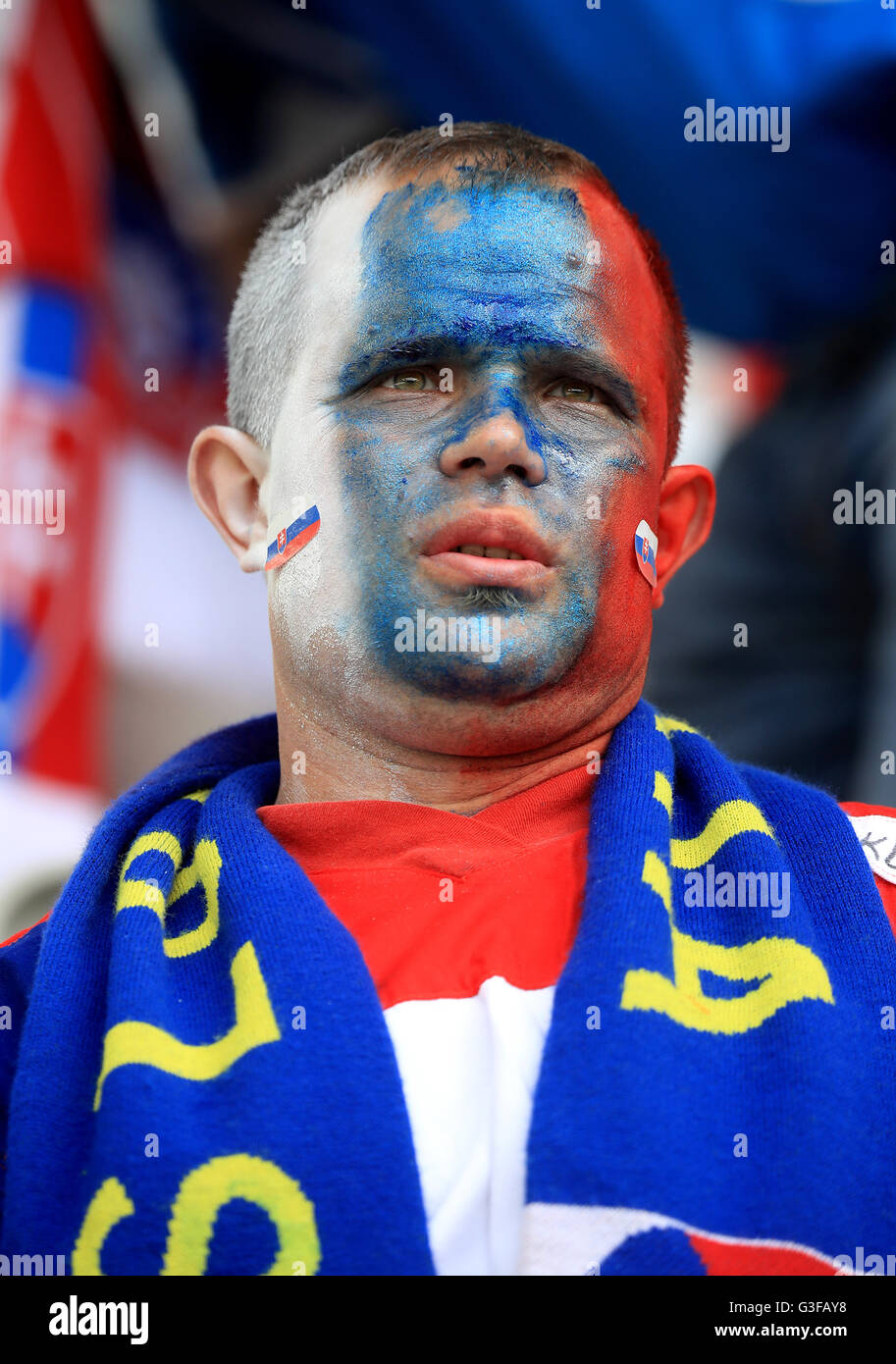 A Slovakia fan wears face paint in the stands during the UEFA Euro 2016 ...