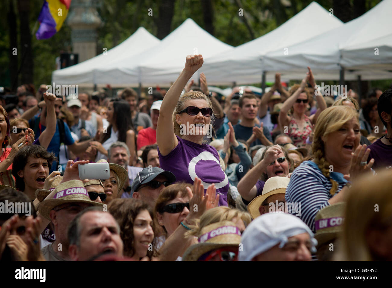 Left wing Unidos Podemos party supporters attend a political rally in ...
