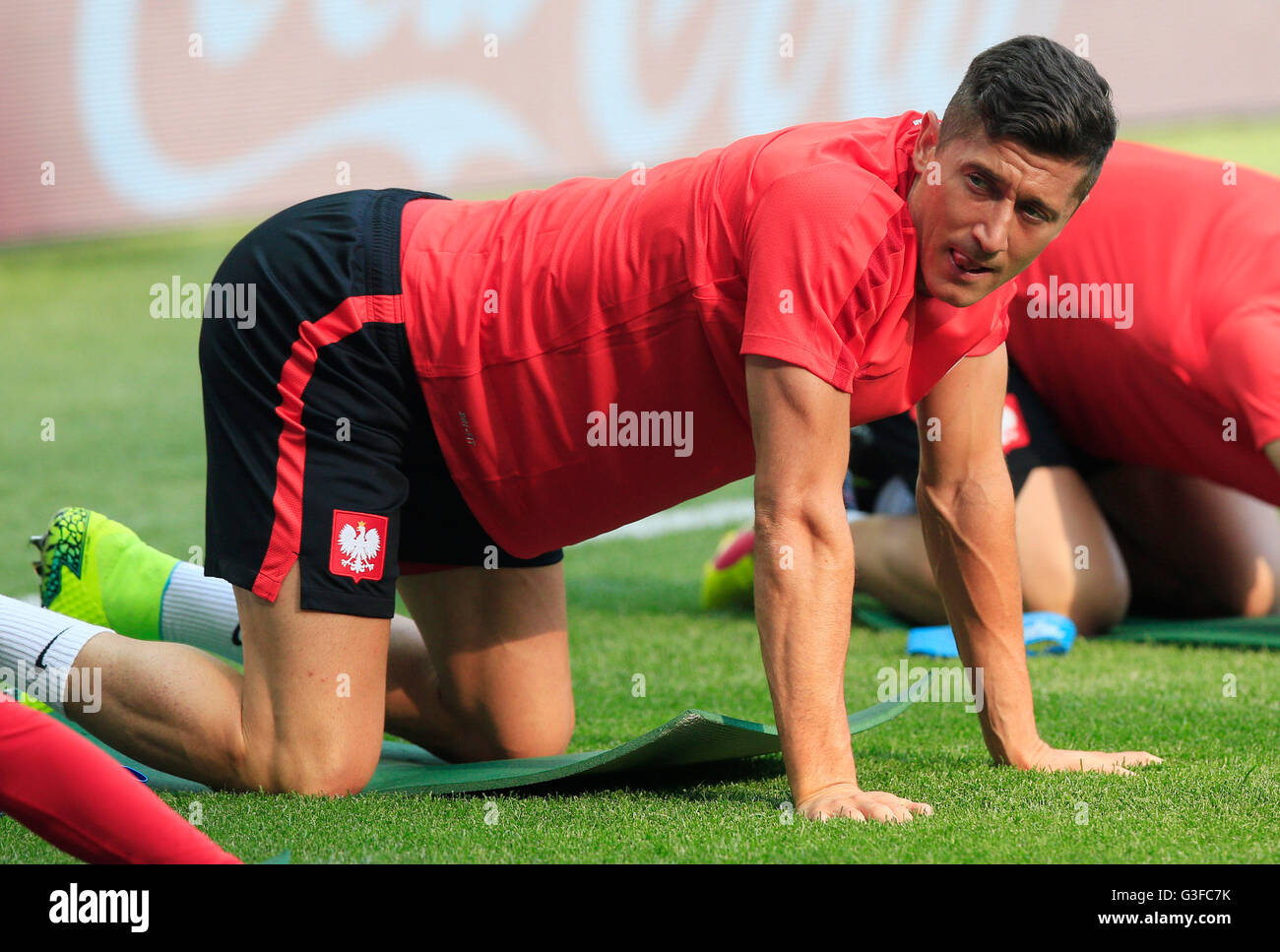 Poland's Robert Lewandowski during a training session at the Stade de ...