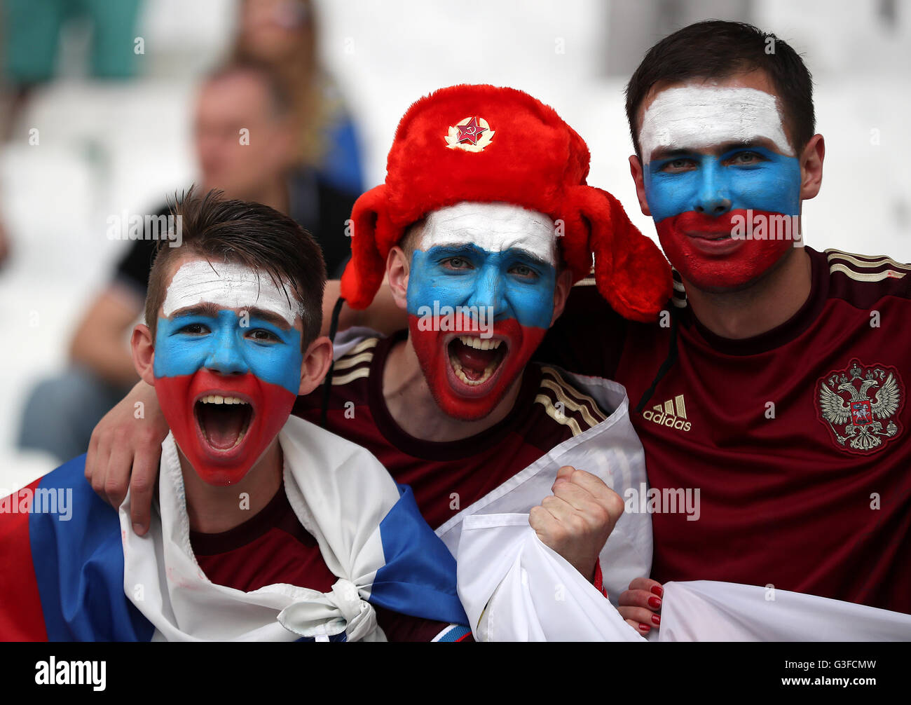 Russia fans show support for their team in the stands before the UEFA ...