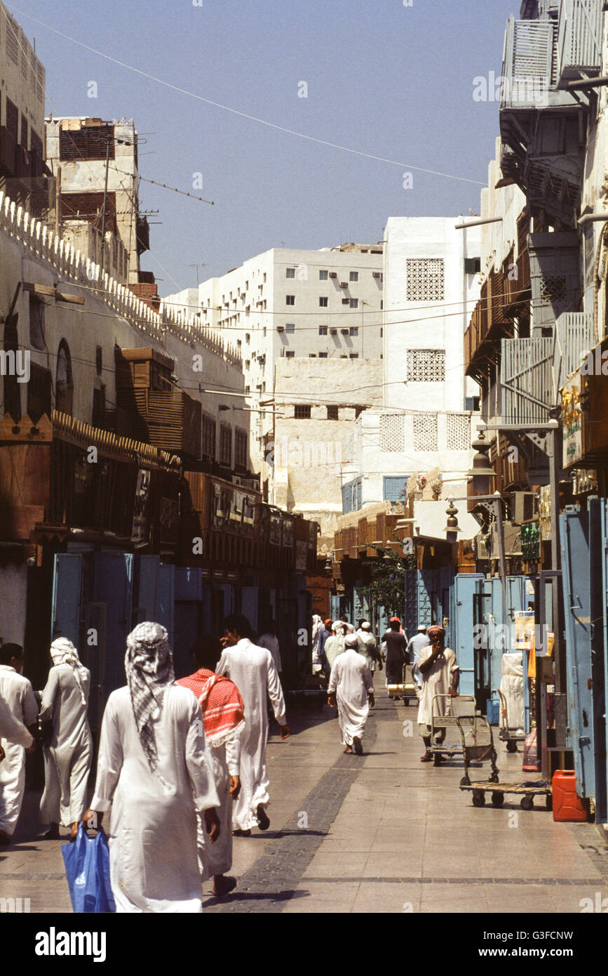 Street scene in the old historical center of Jeddah called Al-Balad ...