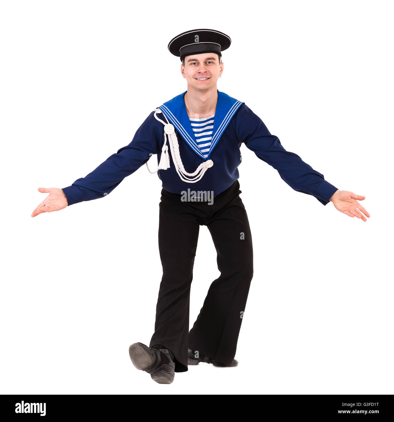 young dancer dressed as a sailor posing on an isolated white background ...