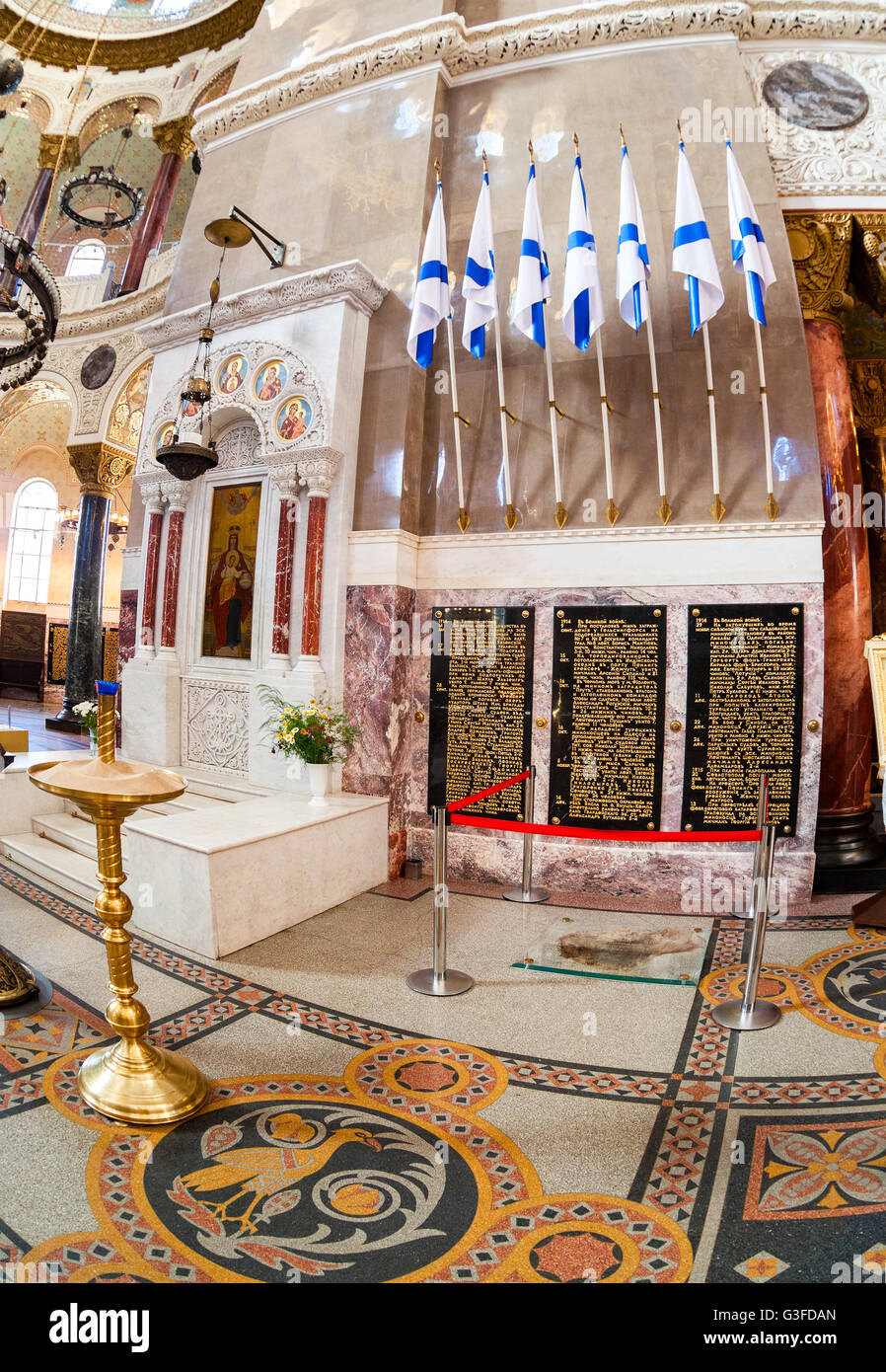 Interior with navy flags of the Naval Cathedral of Saint Nicholas, near ...