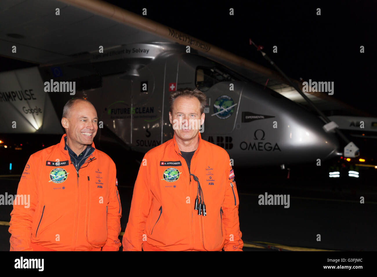 New York, USA. 11th June, 2016. Bertrand Piccard and Andre Borschberg ...
