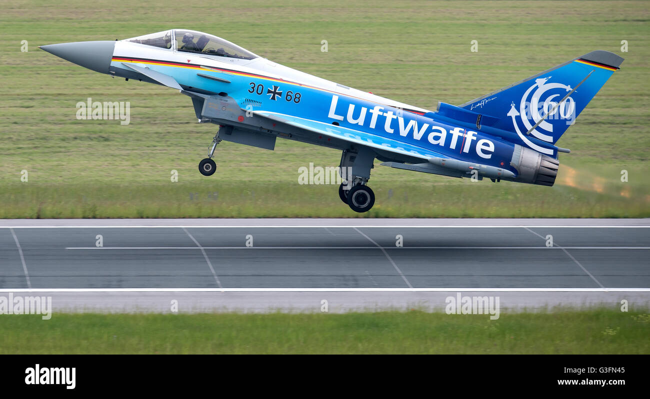 A Eurofighter of the German Bundeswehr flying during an air show as ...