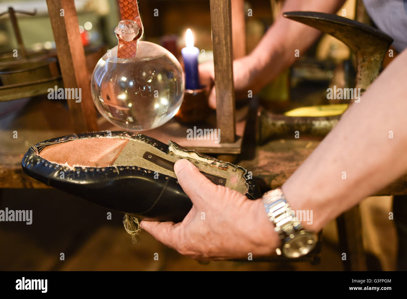 A shoe being repared at the German Shoe Museum in Hauenstein, Germany ...