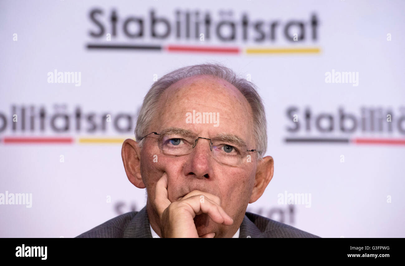 Berlin, Germany. 8th June, 2016. Minister of Finance Wolfgang Schaeuble (CDU) talks at a press ...