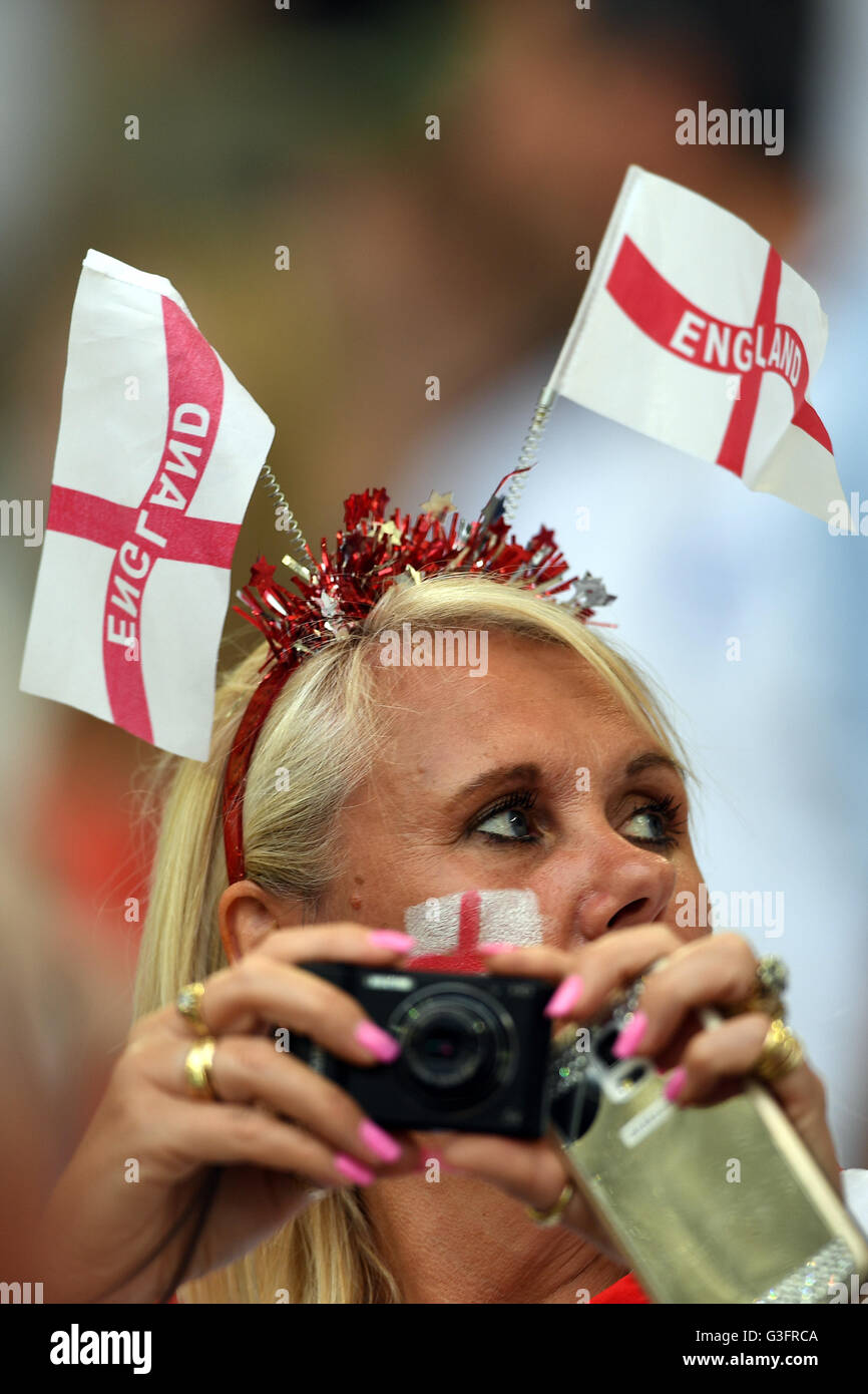 An England fan wears flags in her hair prior the UEFA Euro 2016, Group ...