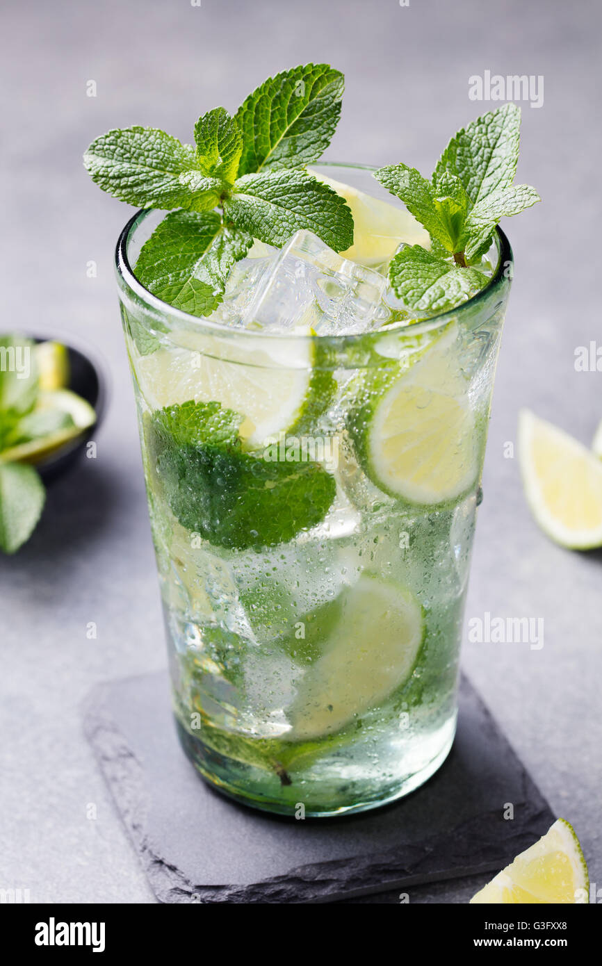 Mojito cocktail with lime, mint in highball glass Stock Photo - Alamy