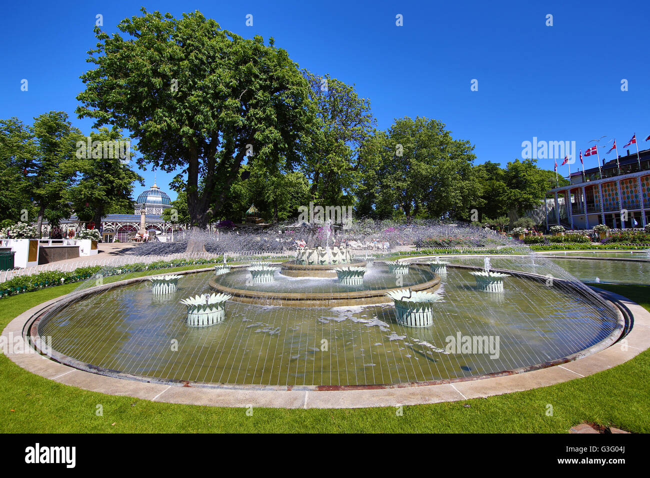 Fountains in Tivoli Gardens theme park in Copenhagen, Denmark Stock ...