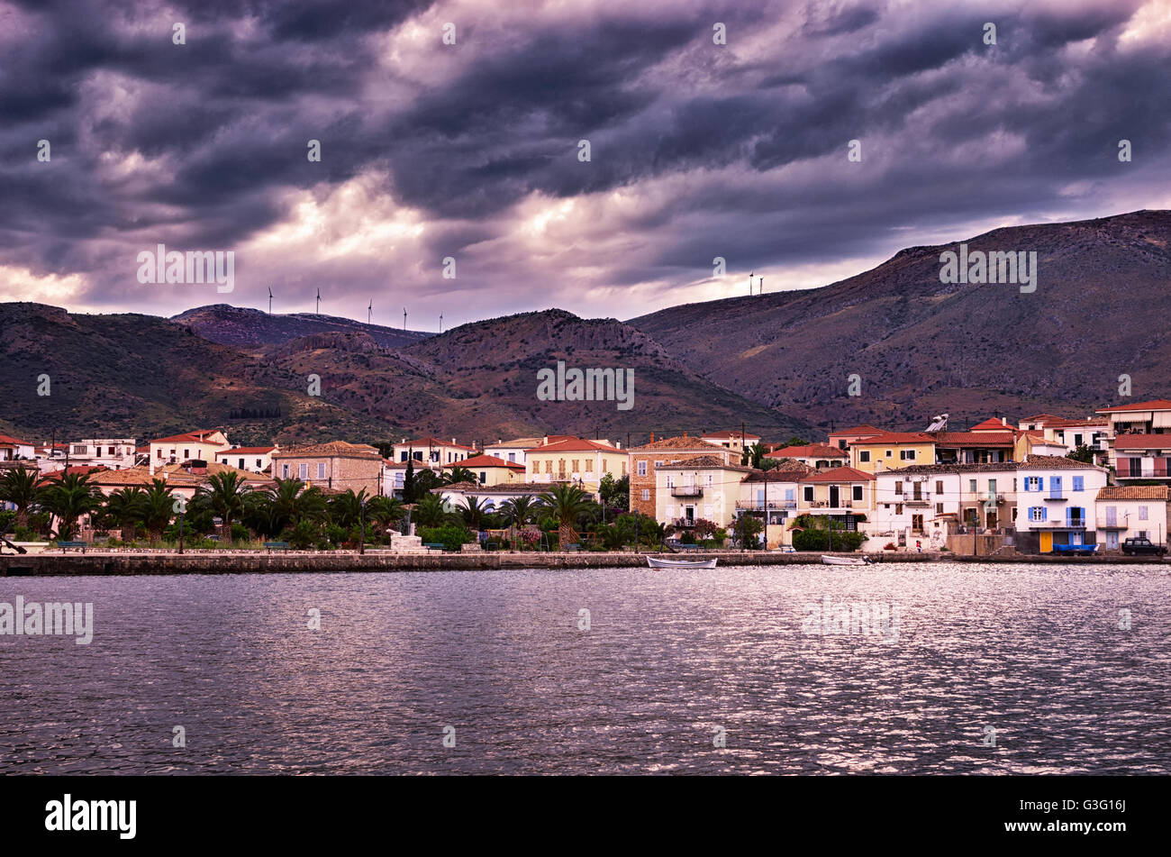 The historic town of Galaxidi, Greece, at dusk, on a cloudy day Stock ...