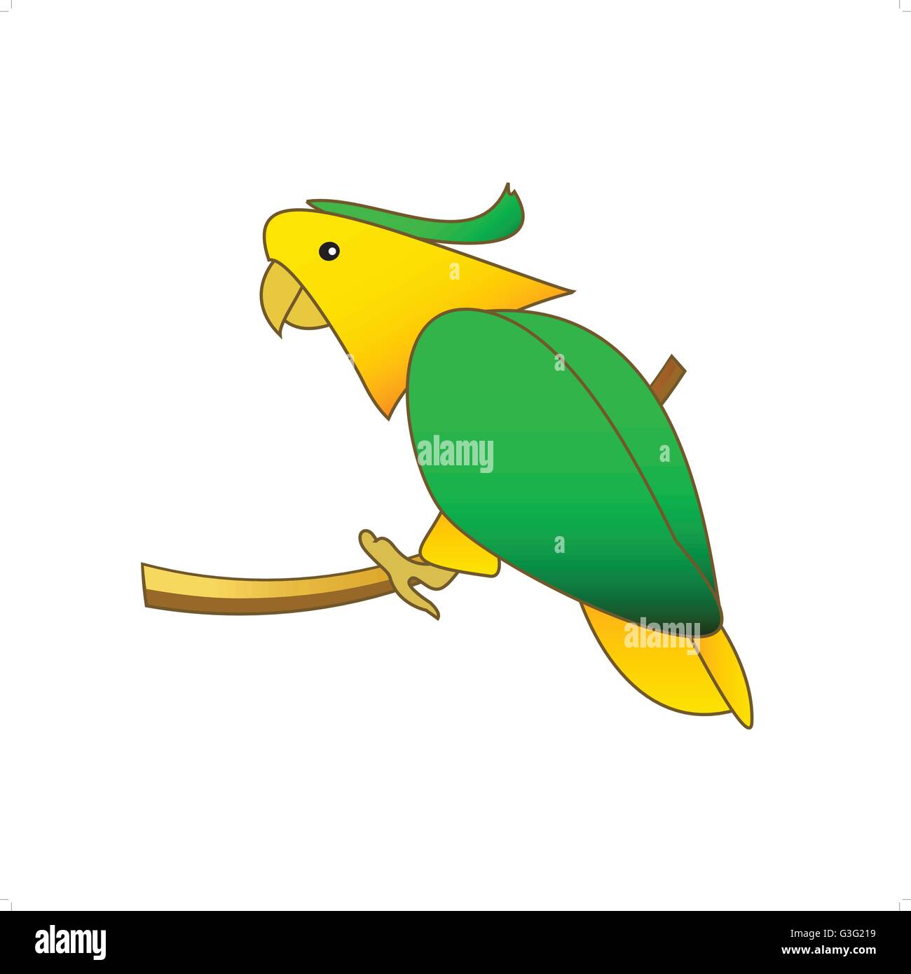 Beautiful cute cartoon style yellow and green parrot on the branch ...