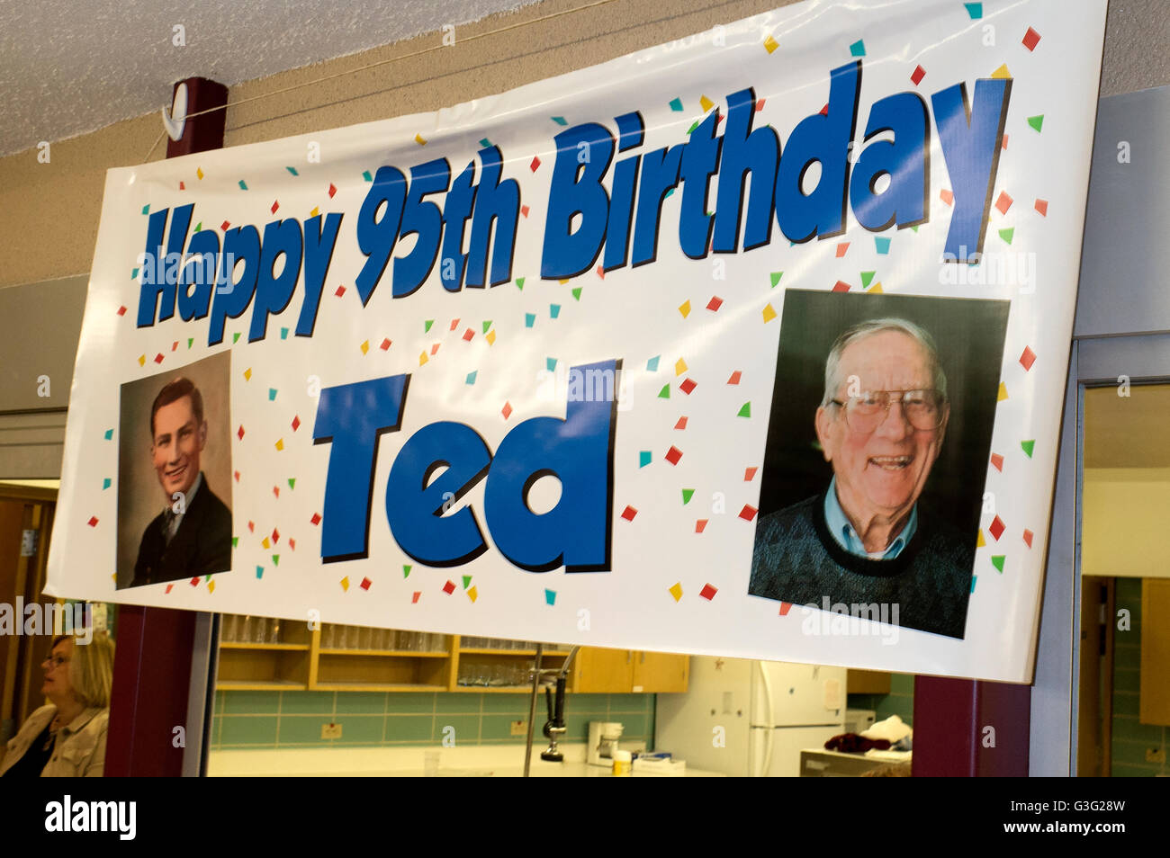 Happy 95th birthday Ted party banner at his celebration with friends ...