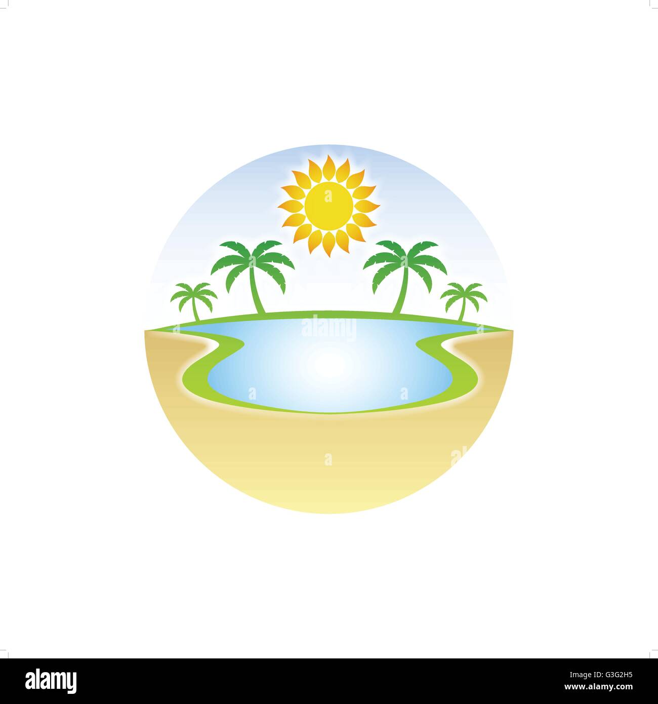 Oasis in the desert with water palm tree and sun vector illustration ...