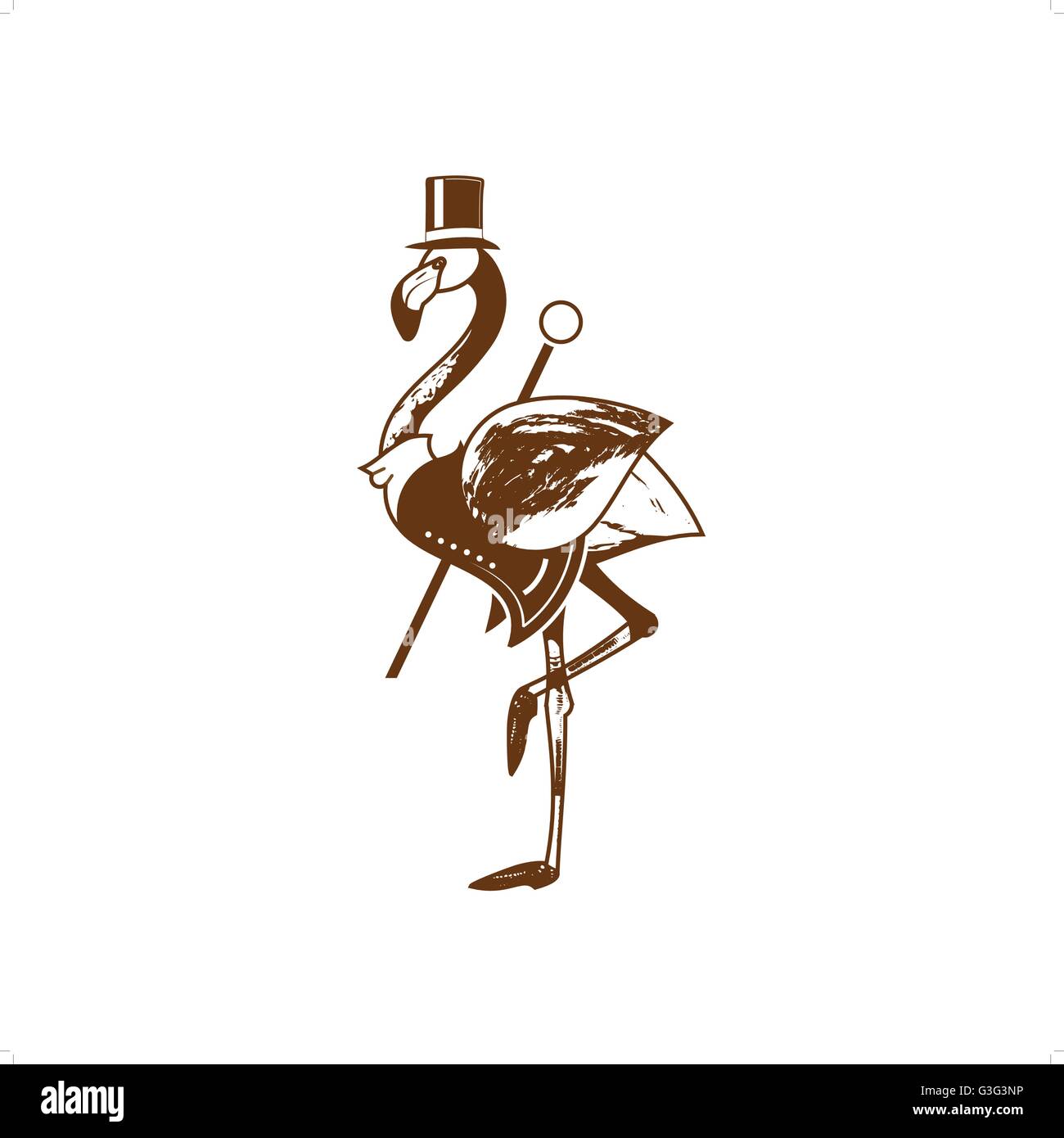 Cartoon style mister flamingo with hat and stick vector illustration ...