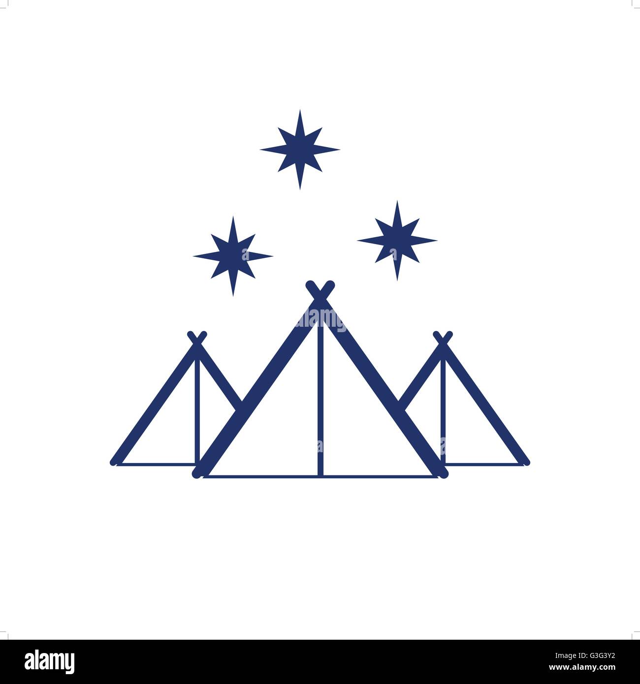 Blue color line drawing winter camp with stars vector illustration ...