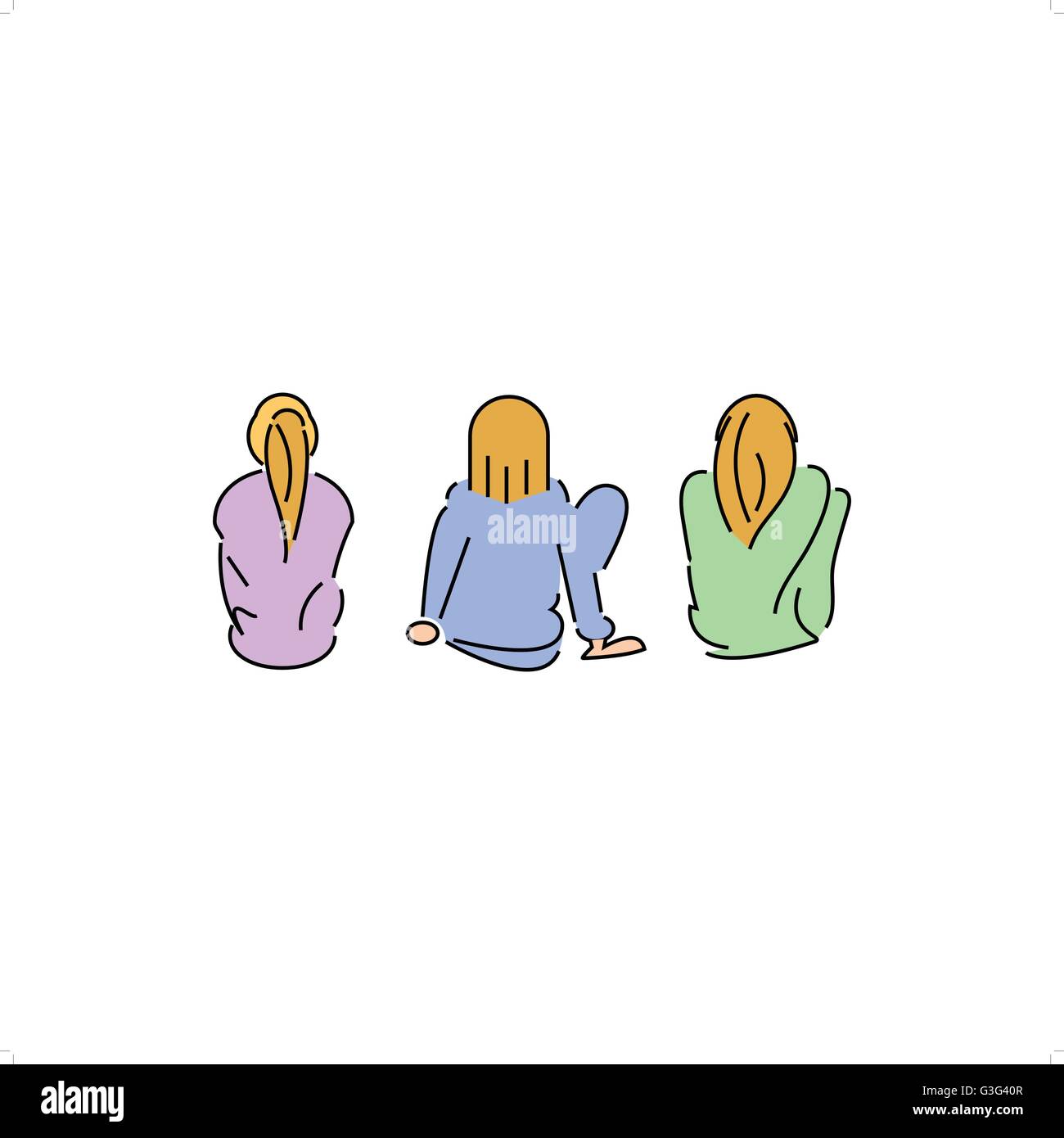 Three line drawing colorful girls vector illustration isolated on white ...