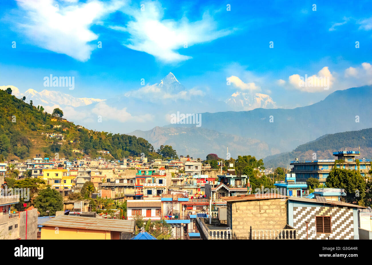 City of Pokhara with Machhapuchhre Mountain and its background Stock ...