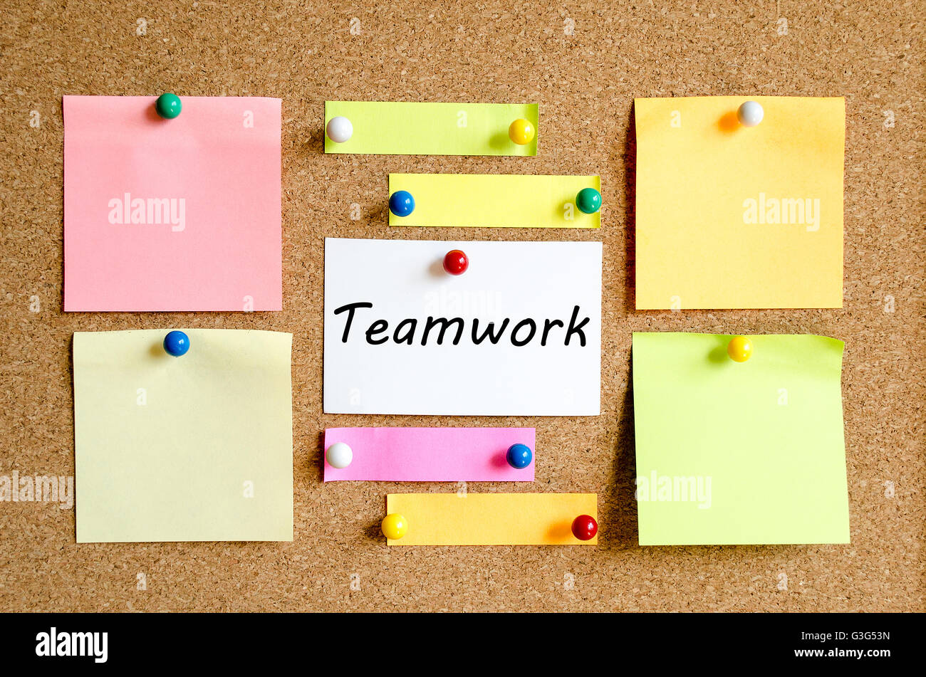 Sticky Note On Cork Board Background And Teamwork Text Concept Stock ...