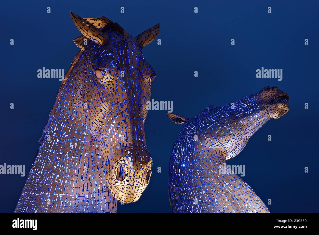 A colour image taken of the two Kelpies at the Kelpies in Helix Park ...