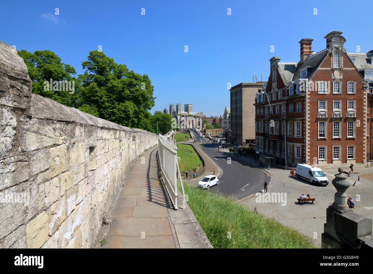 View towards historic York Minster from the famous medieval walls of ...