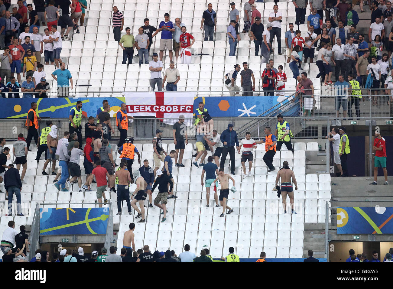 Tempers flare between rival fans in the stands during the UEFA Euro ... Tempers flare between rival fans in the stands during the UEFA Euro ...