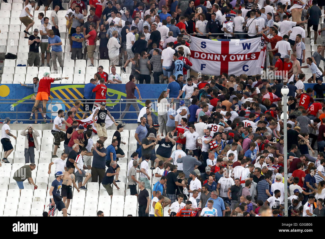 Tempers flare between rival fans in the stands during the UEFA Euro ... Tempers flare between rival fans in the stands during the UEFA Euro ...