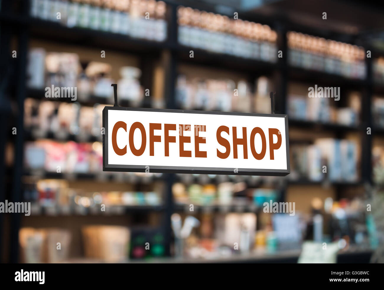 Coffee shop signboard with cafe blurred background, stock photo Stock ...